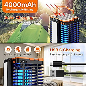 Solar Bug Zapper for Outdoor Indoor, Cordless & Rechargeable Mosquito Zapper with Reading Lamp, 4200V High Powered Mosquito Killer Insect Fly Trap Equipped 4000mAh Battery for Home, Patio, Camping