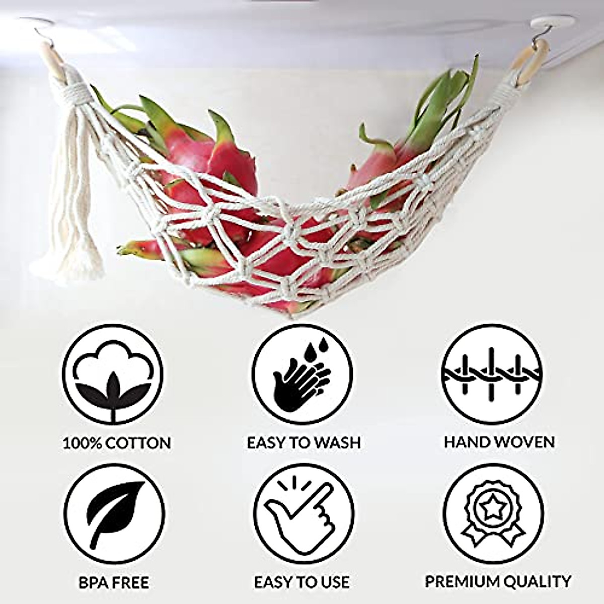 DEWECHO Macrame Fruit Hammock Under Cabinet - Banana Hammock for Boho Kitchen Decor - Hanging Fruit Hammock to Store All Your Produce in Small Places - Kitchen Storage Ideas also for RV