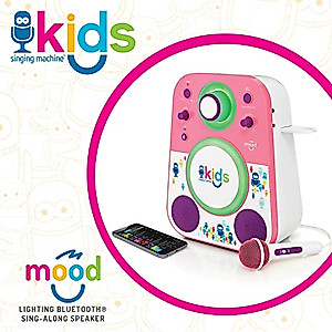 Singing Machine Kids SMK250PP Mood LED Glowing Bluetooth Sing-Along Speaker with Wired Youth Microphone Doubles as a Night Light, Pink/Purple