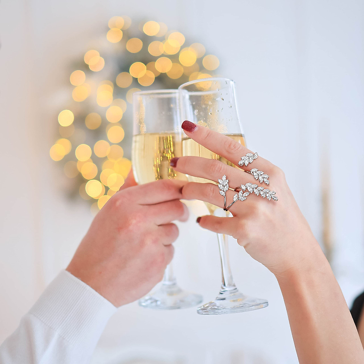 Aprilery Silver Statement Palm Ring, Fashion Plated CZ Cubic Zirconia Crystal Cocktail Rings Leaf Shape Full Fingers Adjustable Size Bracelet Jewelry Rings Gifts for Women