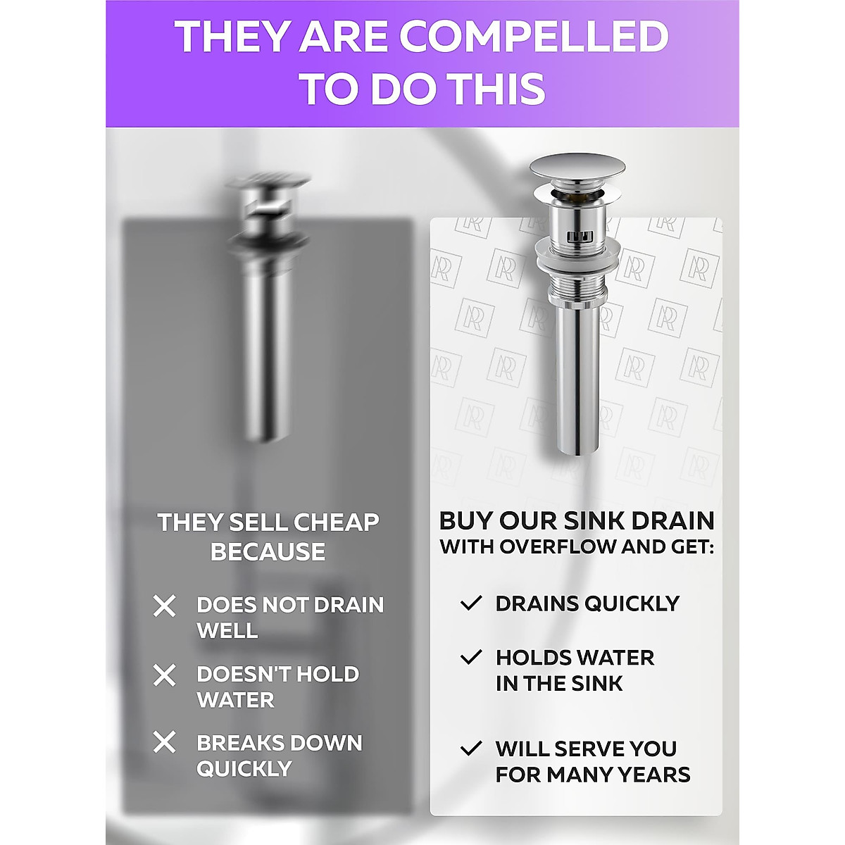 Premium Pop Up Drain with Overflow 1.6"- 1.9" Universal Bathroom Drain Kit - Chrome Bathroom Sink Drain with Overflow All Metal Rustproof Brass and 304 Stainless Steel - Push Button Sink Drain