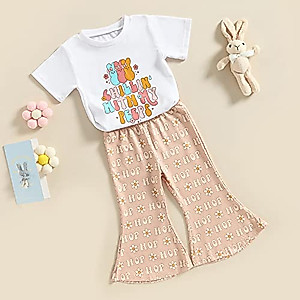 Toddler Baby Girl Easter Outfit Short Sleeve Bunny Rabbit Cotton T-Shirt Casual Floral Bell Bottoms Flare Pants (Khaki,6-12 Months)