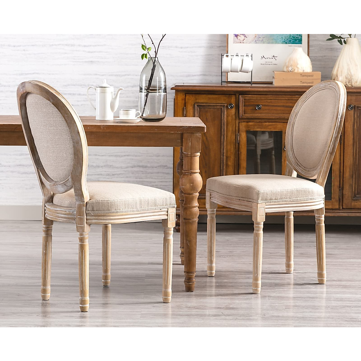 CIMOTA Farmhouse Dining Chairs Set of 4, Upholstered Vintage French Dining Room Chair with Round Back Distressed Wood, Mid Century Side Chairs for Kitchen/Restaurant, Beige/4PCS