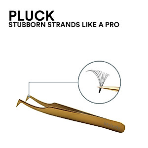 Volume Lashes Tweezers for Eyelash Extensions with High Precision Stainless Steel Gold Eyelash Extension Tweezers Mega L Curved Angled Tip Lash Extension Tweezers with Synthetic Leather Pouch