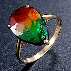 KnBoB Women Teardrop 3 Claws Pear Shape 2.15ct Ammolite Ring 18K Gold Promise Wedding Engagement Bridal Anniversary Ring Size 10.5