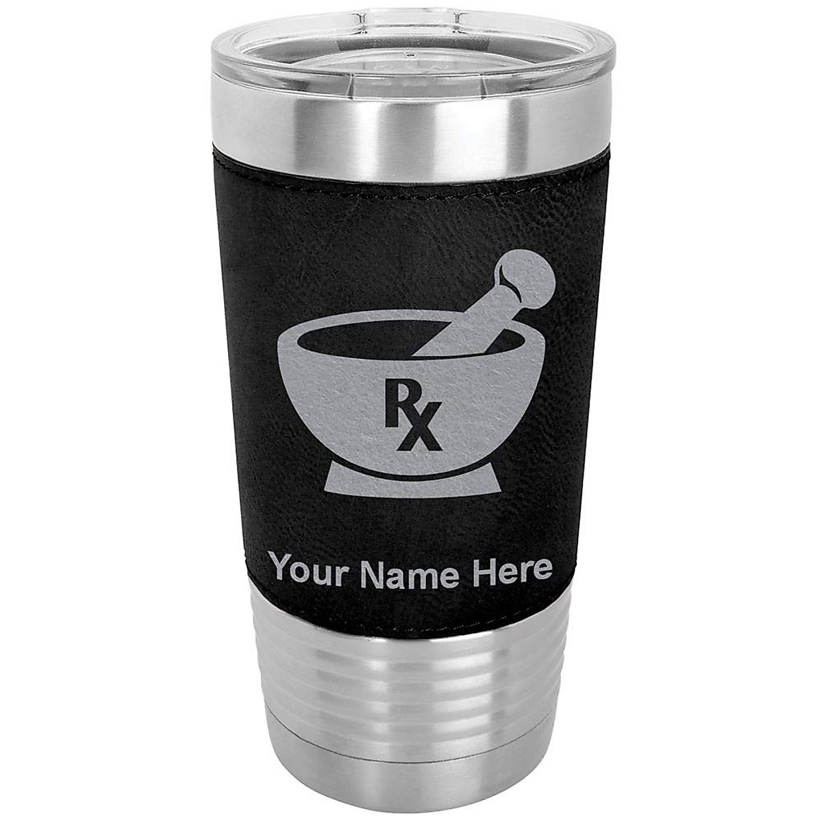 LaserGram 20oz Vacuum Insulated Tumbler Mug, Rx Pharmacy Symbol, Personalized Engraving Included (Faux Leather, Black)