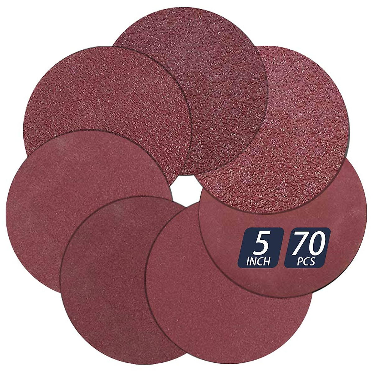 70 PCS 5 Inch Hook and Loop Assorted Aluminum Oxide Sanding Discs - 5 in No Hole - Orbital Sander Pad - Sander Paper,Sandpaper