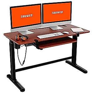 Truweo Adjustable Electric Standing Desk – 50 x 23.6 inches Sit to Stand Office Desk with Cable and Sliding Keyboard Tray – 3 Controlled Memory Height Settings – Anti-Scratch Surface – Brown