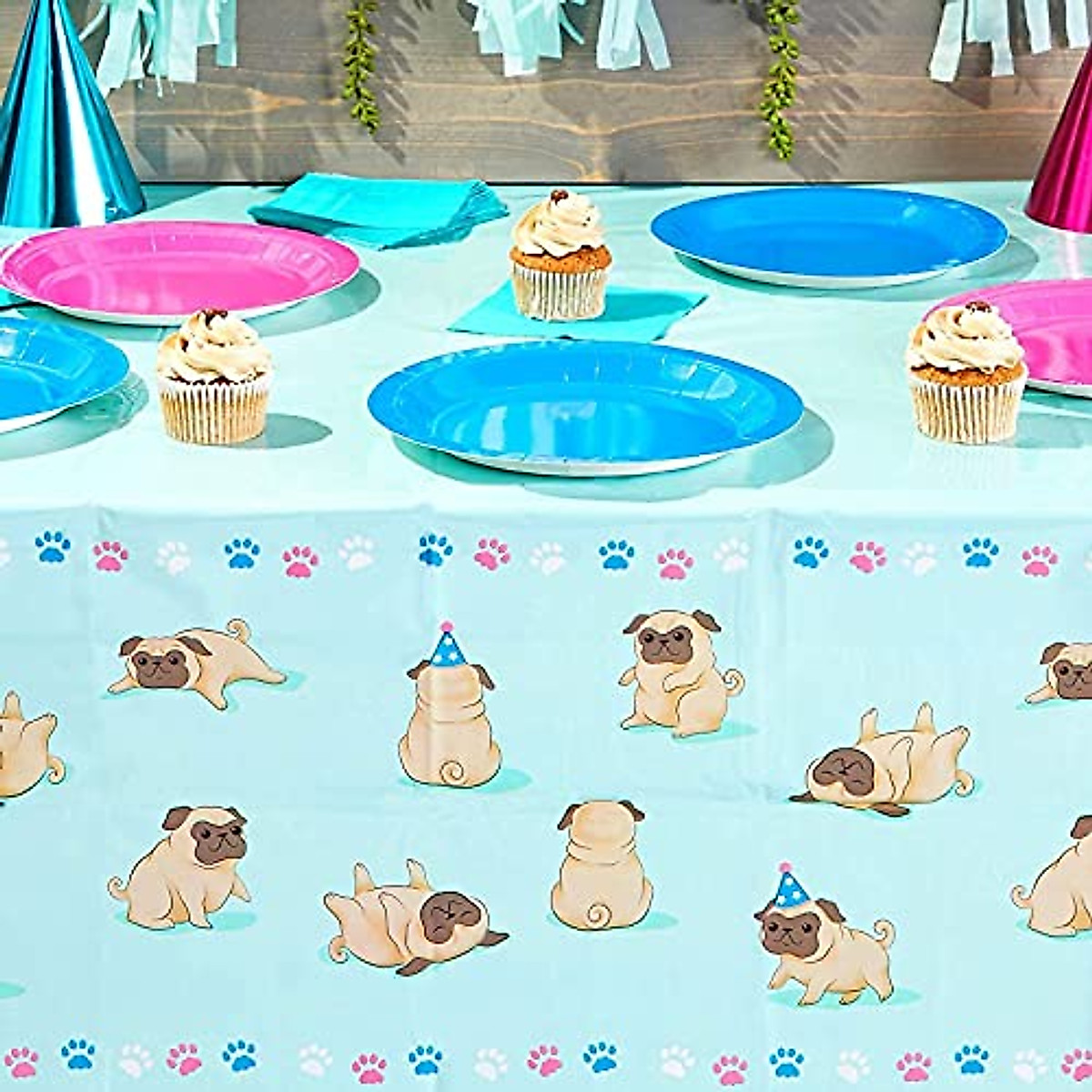 Pug Tablecloth for Dog Birthday Party (Blue, 54 x 108 Inches, 3 Pack)