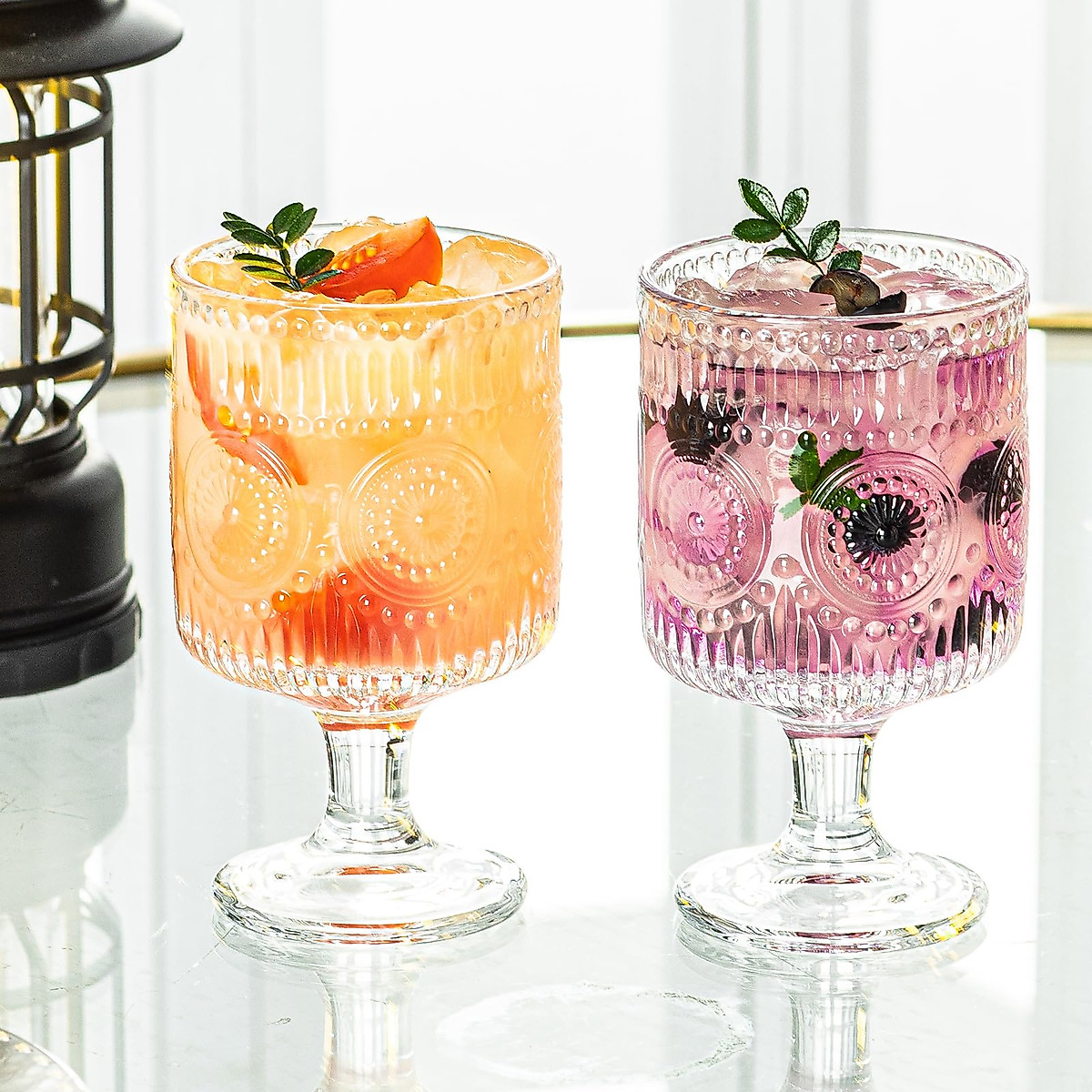 Set of 8 Romantic Vintage Goblet glassware, Charming Embossed Floral Cocktail Glasses Set, Mixed Drink Glasses, for Bars, Restaurants, Party, and Elegant Dinners, 8 oz Wine Glasses