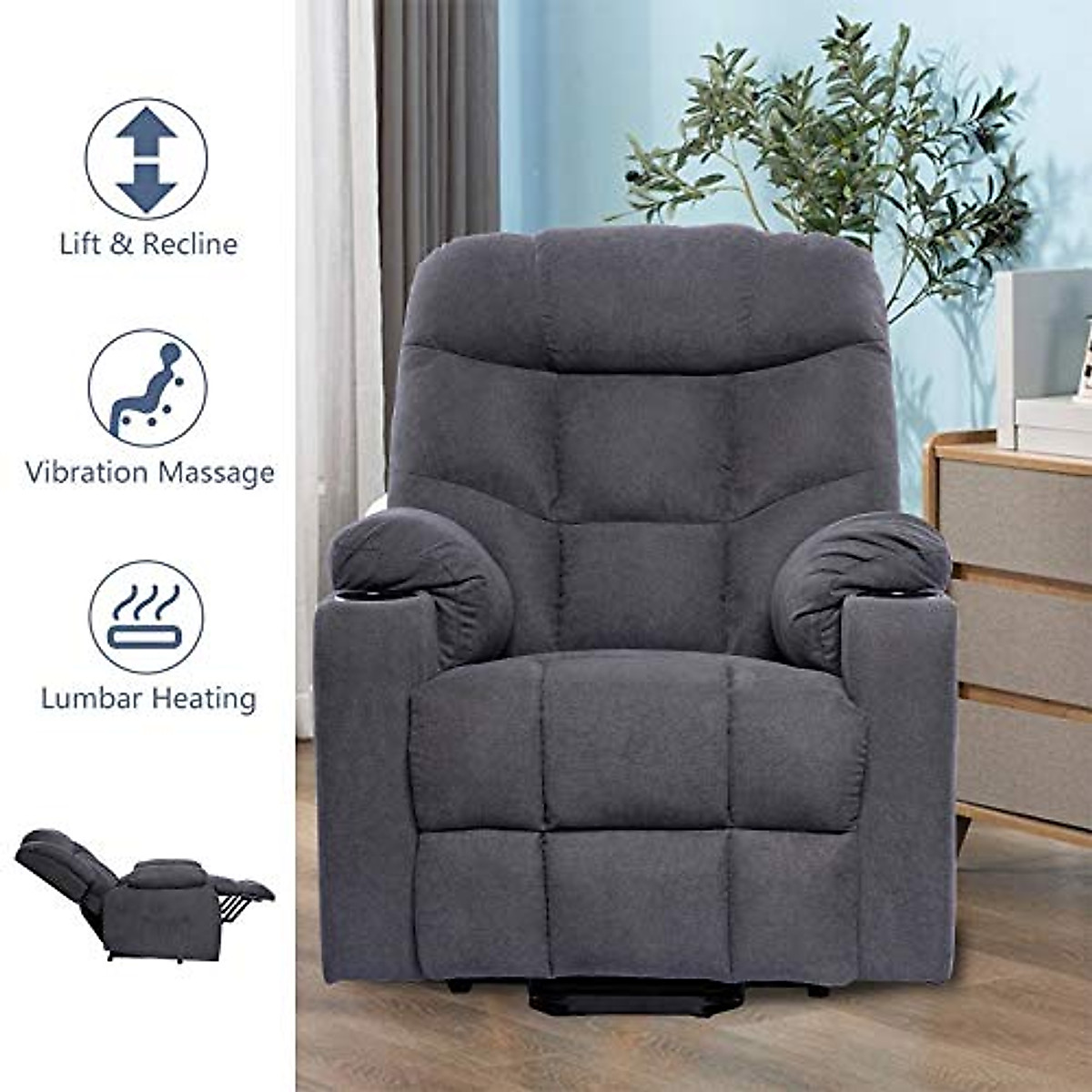 Living Room Power Lift Massage Recliner Chair for Elderly Heated Ergonomic Lounge Fabric Vibratory Massage Chair with Cup Holders/Heating/Remote Control Grey
