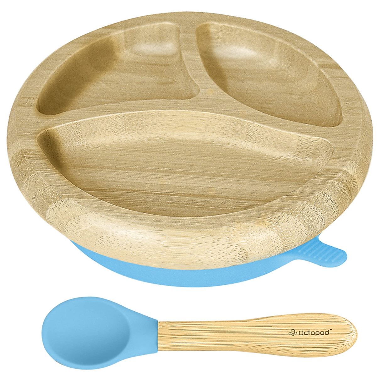 Abiie Octopod Bamboo Dish - Kids Plates for 4 months and up, 3-Compartment Baby Plates with Suction, Triangle Bamboo Baby Plate, Mess-Free Toddler Suction Plates, Baby Feeding Supplies, 8.3x1.9x7.7 in