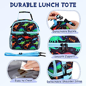 VASCHY Lunch Box Bag for Kids, Insulated Double Compartments Cooler Lunch Tote for Toddlers Boys Girls School/Daycare/Picnic Black Dinos