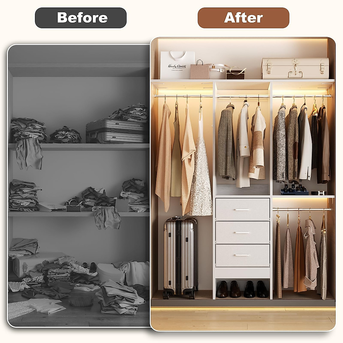 Besiost 4FT Small Closet System with 3 Fabric Drawers, 48'' Closet Organizer System with 3 Adjustable Shelves, Flexible Built-in Clothes Garment Rack for Small Space, 48" L x 13" W x 71" H, White