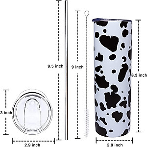 IchDich Cow Print Tumbler With Lid and Straw 20 oz Insulated Black Cow Tumbler Stainless Steel Cow Print Skinny Tumbler Water Bottle Coffee Cups Travel Mug Gifts for Women