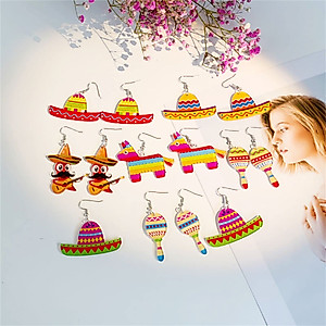 Dreuyet 7 Pairs Cinco De Mayo Earrings for Women Mexican Themed Acrylic Earrings Funny Fiesta Pepper racket Rainbow Horse Hat Earrings Mexican Festival Jewelry Gifts (Cinco De Mayo Earrings)
