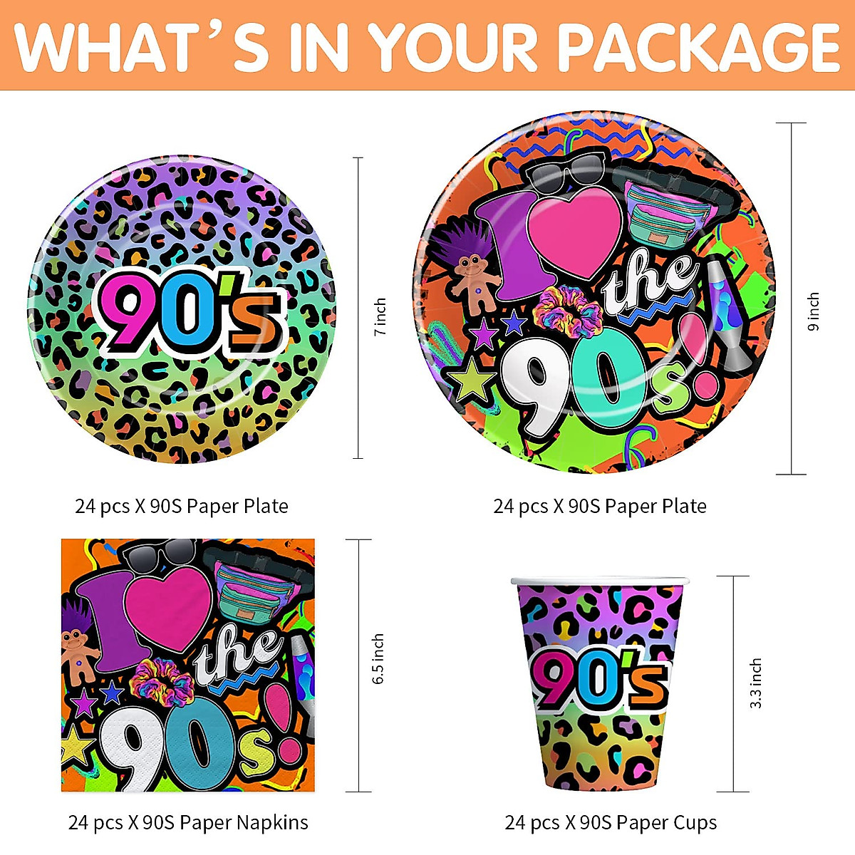 HIPVVILD 90's Party Decorations Tableware - 90s Theme Birthday Party Supplies Include Paper Plate, Cups, Napkins, Tablecloth, Cutlery, Straw, 90s Theme Birthday Party Decorations Dinnerware | Serve 24