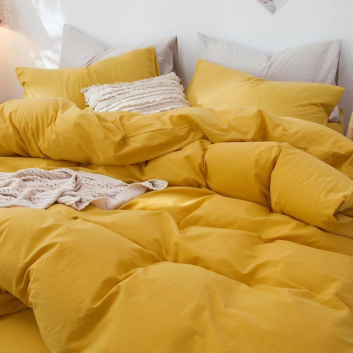 Generic Mustard Yellow Cotton 100% Duvet Cover Boho Duvet Cover Stonewashed Cotton Bedding Soft Cotton Queen King Cotton Bedding Euro Custom Cottonduvet Duvet Cover Set (Queen 90X90), BE-CR- 0005