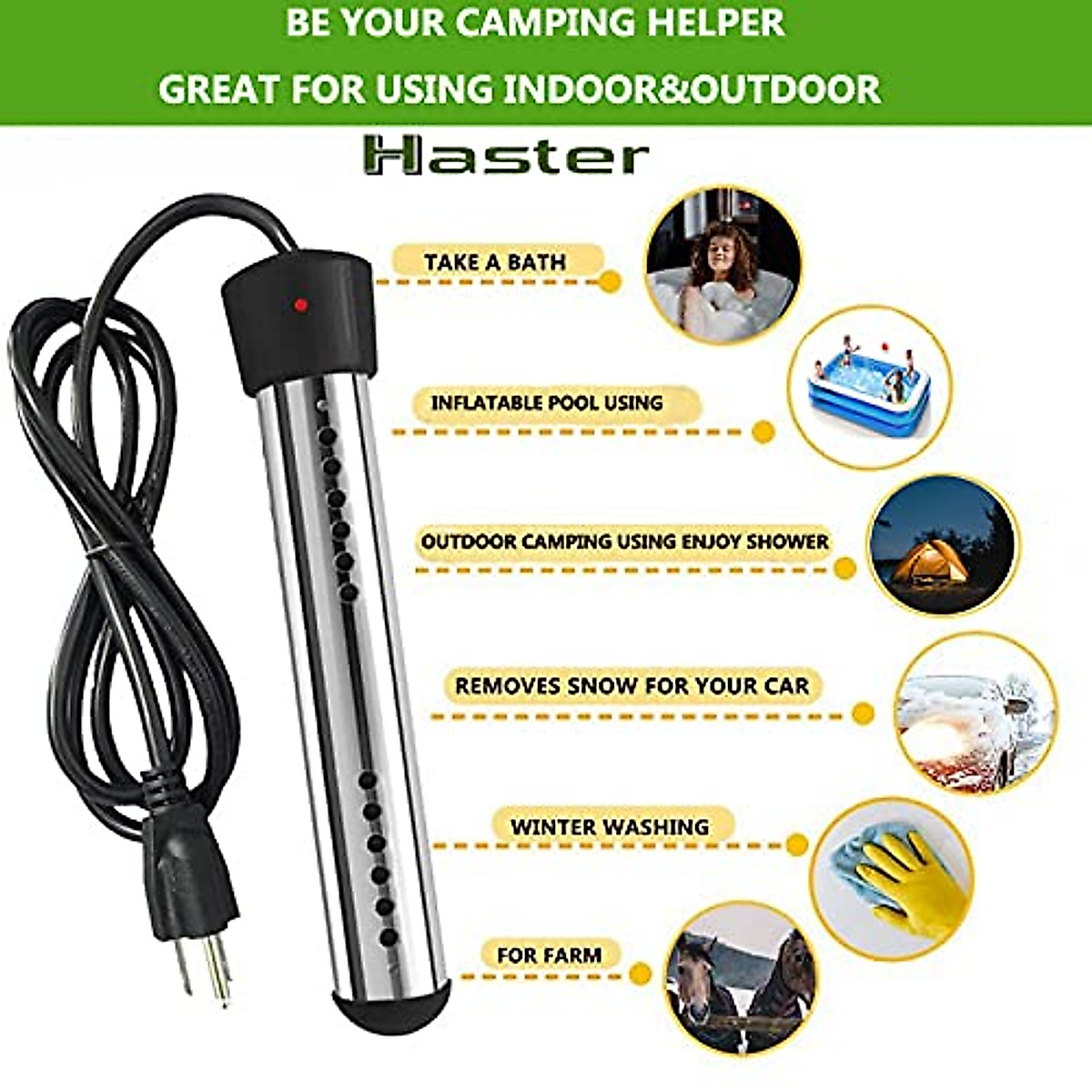 HASTER 2000W Immersion Water Heater for Inflatable Pool Bathtub,Bucket Heater with 304 SS Guard,Electric Submersible Water Heater with LCD Thermometer,Heat 5 Gallon Water in Minutes (Black)