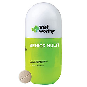 Vet Worthy Senior Multivitamin Chewable for Dogs - Antioxidants and Nutritional Support - Daily Support - Essential Vitamins, Minerals, & Enzymes- Liver Flavor Chewable for Dogs - 60 Tablets