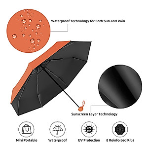 Trenovo Travel Mini Folding Compact Umbrella With Case - 8 Ribs Lightweight Portable for Sun & Rain, Small Pocket for Girls and Women - Orange