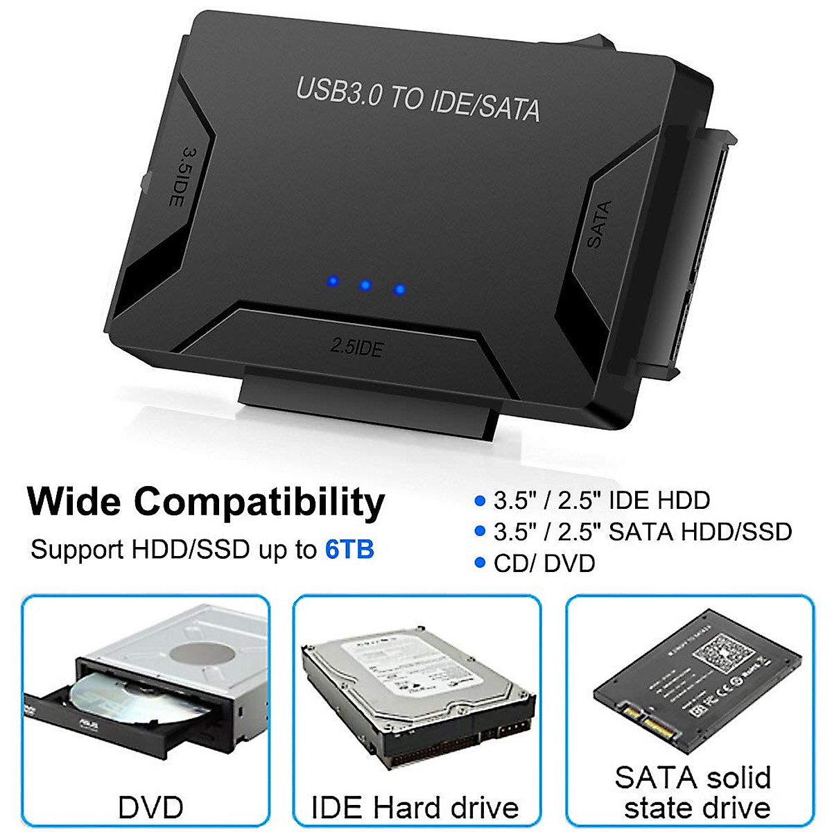 USB to SATA IDE HDD Adapter - USB 3.0 Cable to 2.5" 3.5" SATA IDE Hard Drive Converter for Windows 10/8/ 7/XP, Mac, Internal to External Laptop SSD Reader Kit, File Data Transfer Conversion Cord