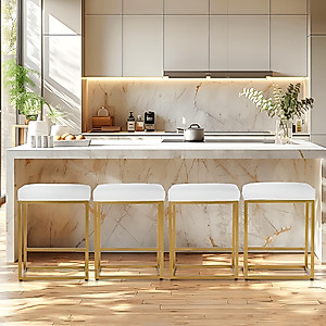 ALPHA HOME 24 Inch Counter Height Bar Stools Set of 3, Upholstered Bar Stools for Kitchen Island, Counter Stools with Faux Leather Cushion and Sturdy Metal Frame, Modern Barstools, White and Gold