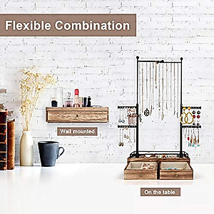 Jewelry Organizer - 2 Layer Wooden Jewelry Drawer Storage Box with 6 Tier Jewelry Tree Stand, Jewelry Display for Necklaces Bracelet Earring Ring (Carbonized Black)