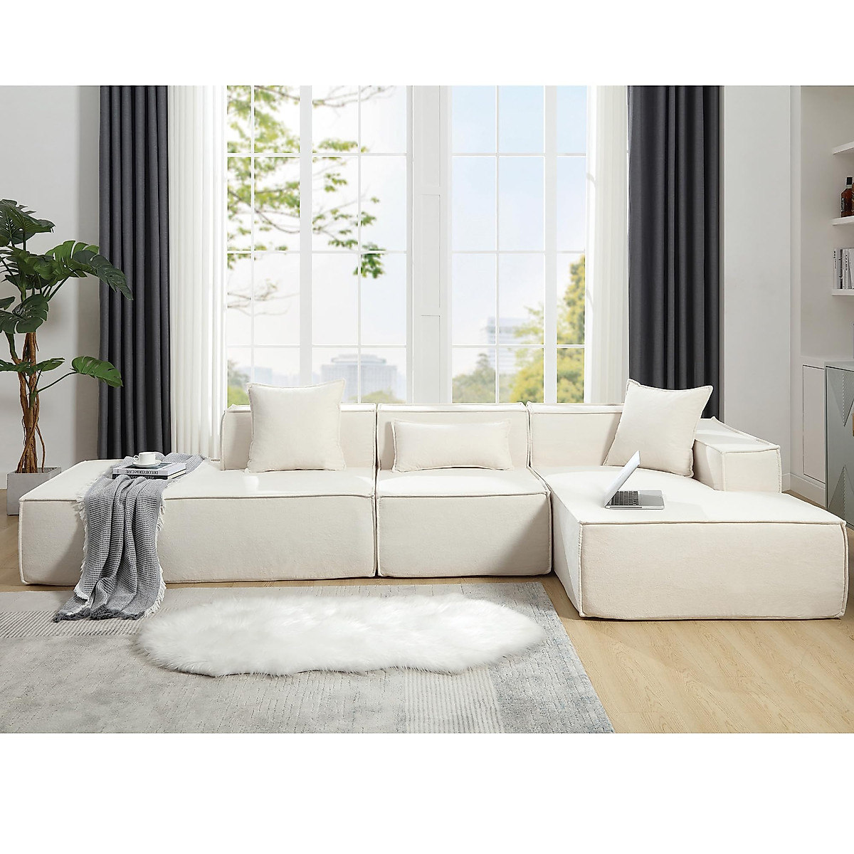HZANHY 129" Modular Sectional Sofa Couch, L-Shape Upholstered Cloud Couch, Modern Minimalist Couches for Living Room, Deep Seat Corner Couch, Right Facing Chaise