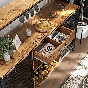 Gyfimoie Wine Bar Cabinet with Drawer and LED Lights, 55 Inches Industry Coffee Bar Cabinet with Wine Rack and Glass Goblet Holder, Kitchen Sideboard Buffet Cabinet for Liquor and Goblet