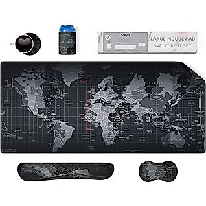 PULAIXIN 5 in 1 Keyboard Mouse Pad Set, Mouse Pad Wrist Support, Extended Gaming Mouse Pad + Keyboard Wrist Rest Support, (34.5×15.7 in) Large Ergonomic Mousepad Desk Mat Combo -Black World Map