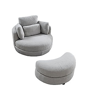 Swivel Accent Barrel Chair with Storage Ottoman,Comfy Teddy Upholstered 360° Recliner Sofa Club Chaise Leisure Round Lounge Armchair Singel Lazy Sofá Arm Chairs and Footrest Set for Living Room/Hotel