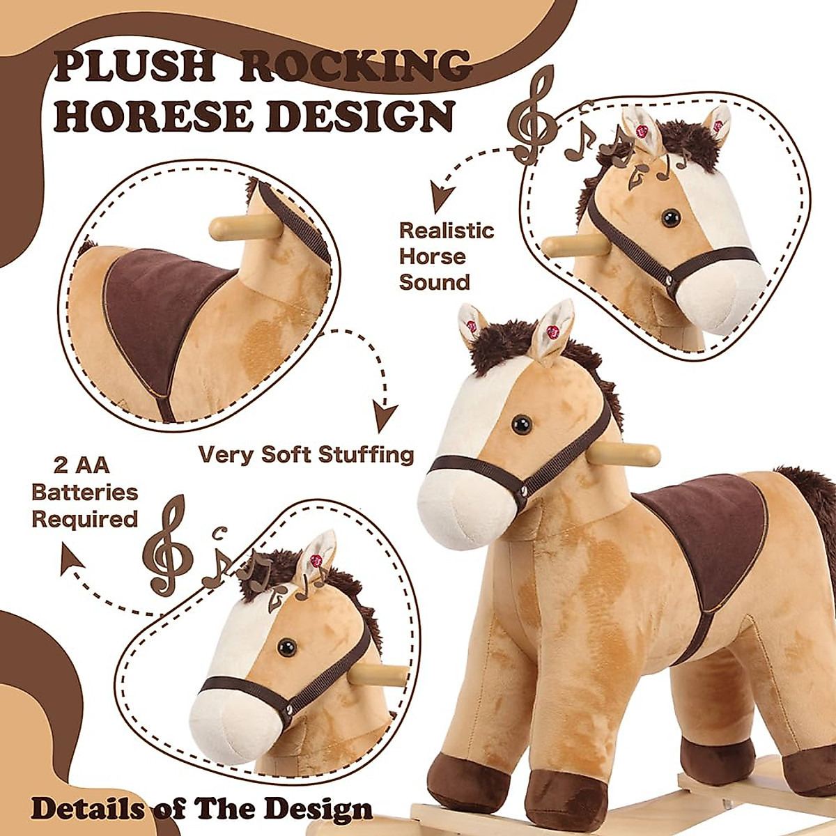 Rock My Baby Plush Rocking Horse, Soft Filling Ride on Pony, Rocking Animal with Realistic Sound, Stuffed Rocker for Kids 18 Months and up (Light Brown),CPC Certified