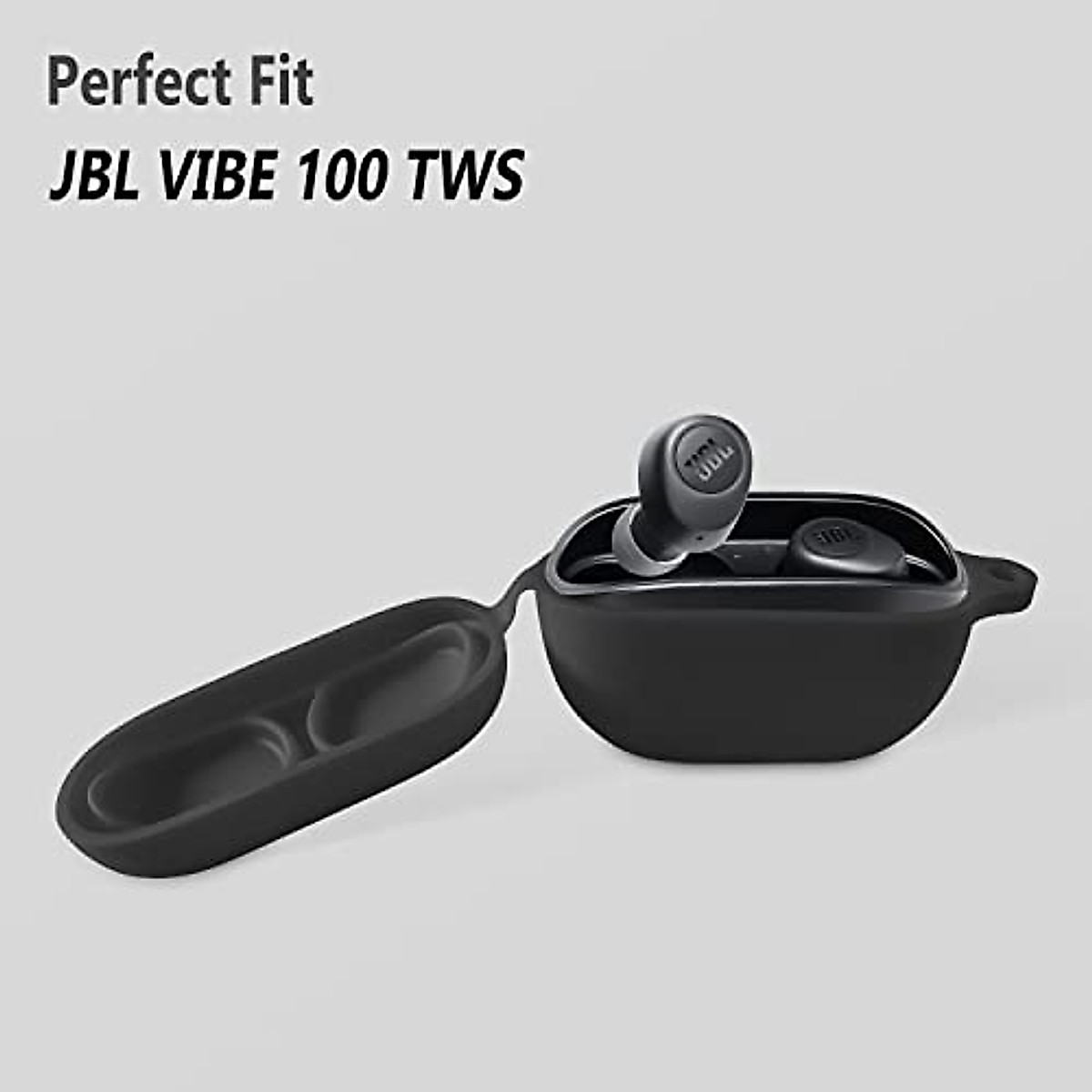 Geiomoo Silicone Case Compatible with JBL Vibe 100 TWS, Protective Cover with Carabiner (Black)
