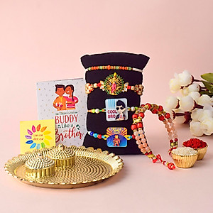 SATVIK 5 Pc Set of Designer Rakhi for Brother Bhaiya & Bhabhi Family Set with Lumba Loomba Rakhi for Bhai with Roli Chawal, Soun Sticker & Greeting Card Handmade Thread Rakhdi Gift Set, Rakhi Thread