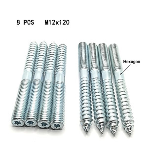Haozheng Hanger Bolt M12x120 Silvery Double Headed Bolt Self-Tapping Screw with Hexagon for Furniture 8Pcs