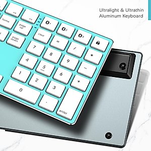 JOYACCESS Bluetooth Multi-Device Wireless Slim Quiet QWERTY Keyboard with Numeric Keypad, Profile Aluminum Keyboard for Laptop, Computer, PC, Windows (Blue & White)