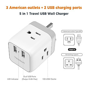 TESSAN US to UK Plug Adapter, Type G UK Travel Plug Adapter, Ireland Scotland Dubai Power Adapter with 3 Outlets and 2 USB Ports, USA to England London British Qatar Kenya Outlet Converter