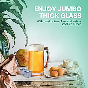 Beer Mug With Handle- Drinking Glass Dishwasher and Freezer Safe - Drinking Cup 26 ounce Large Pub Beer Mug with 2 Stainless Steel Ice Cubes - Traditional Beer Mug, Tea Glass, Cocktail Glass