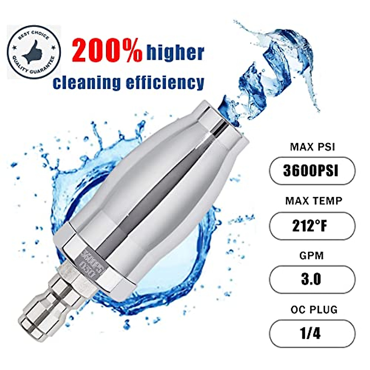 Raincovo Turbo Nozzle for Pressure Washer, Rotating Nozzle for Hot and Cold Water, 1/4 Inch Quick Connect, Orifice 3.0, 3600 PSI