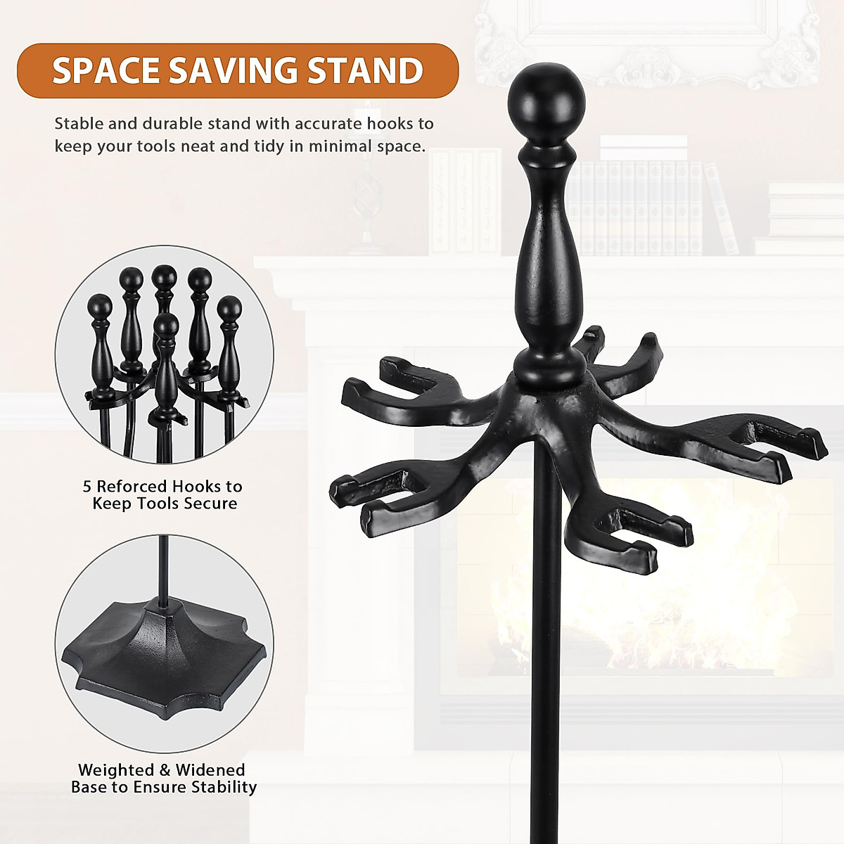 JupiterForce 5 Pieces Fireplace Tools Sets Indoor Outdoor Wrought Iron Large Fire Place Set Tools, Fire Pit Tools with Poker Shovel Tongs Brush and Stand, Black