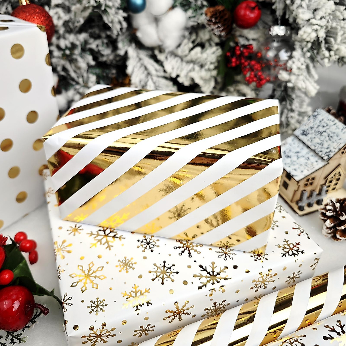 LDGOOAEL Mini Short Small Christmas Wrapping Paper Roll (17" X 120") - Gold Foil Snowflakes Stripe Polka Dot Design for Holiday, Birthday