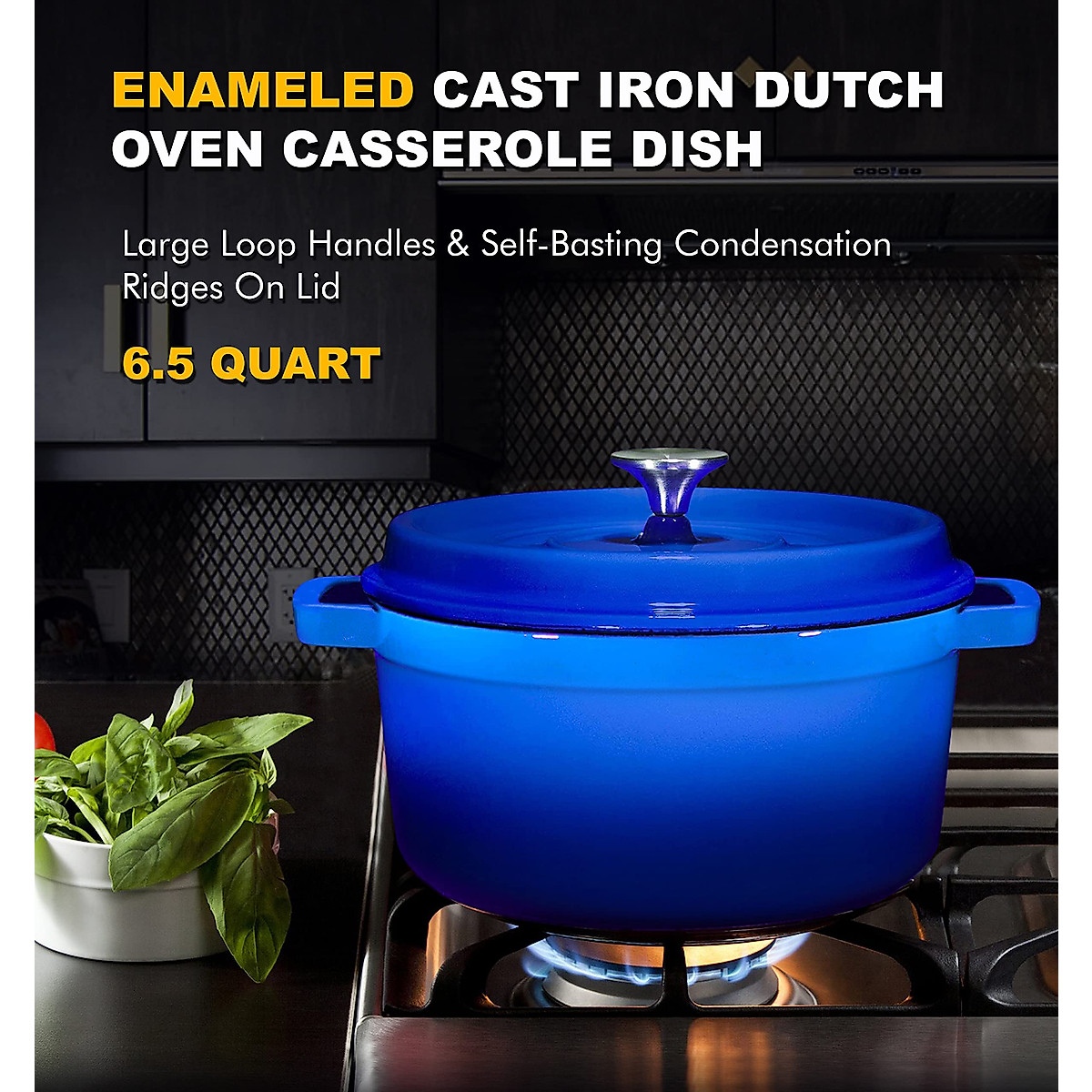 Bruntmor Pre-Seasoned 6.5 qt Enameled Cast Iron Round Dutch oven, 6.5 Quart Dutch Ovens Pot with Lid and Handle, Cast Iron Skillet, Heavy Duty Casserole Dish, Hand wash only, Duke Blue