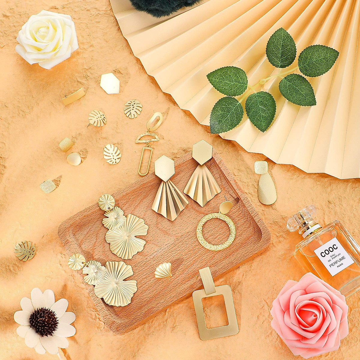 Hicarer 90 Pcs Gold Plated Earring Posts for Jewelry Making Earring Studs with Loop Hole Palm-Leaf Shaped Earring Finding Shell Heart Flower Track Ear Pad Base Posts for Women