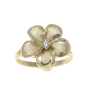 Arthur's Jewelry 14K solid yellow gold 15mm Hawaiian single plumeria flower cz ring