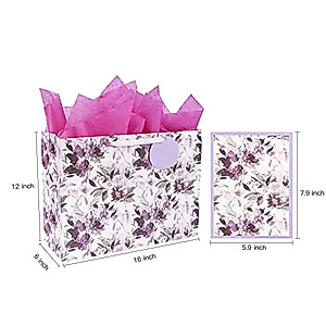 MAYPLUSS 16" Extra Large Gift Bag with Gift Card and Tissue Paper - Purple Floral for Mothers day, Birthday