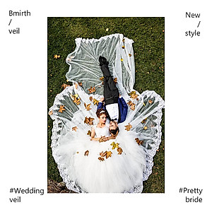 Bmirth 1 Layer Bridal Wedding Veil Cathedral Long Length Lace Bride Tulle Hair Accessories With Comb for women Floral 118" Veil Headpeice (White)