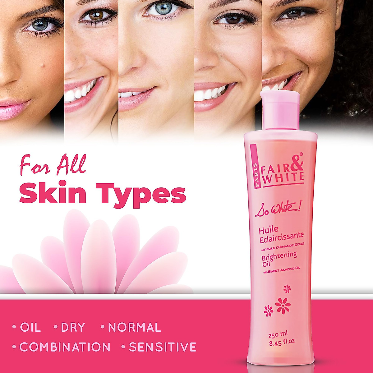 FAIR & WHITE So White Body Oil, 250ml / 8.45fl.oz - with Vitamin E, Almond Oil and 'Lumiskin', Hydrating Formula for Wrinkles, Dryness and Dark Spots