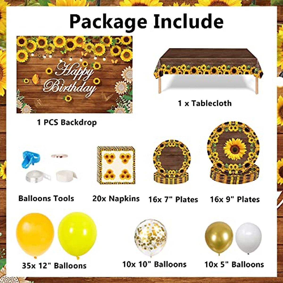 GOGOGPARTY Sunflower Birthday Party Supplies Decorations Serve 16 Guests Include Sunflower Paper Plates Napkins Tablecloth Backdrop Balloons for Sunflower Birthday Baby Shower Bridal Shower Wedding