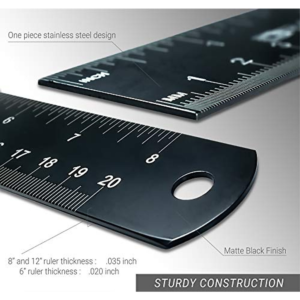 Steel Black Metal Ruler Set - 12, 8, 6 Inch Measuring Kit - Straight Edge Drafting Tool for Architects, Engineers, Crafts, Woodworking - Imperial and Metric Graduations - Protective Pouch Included